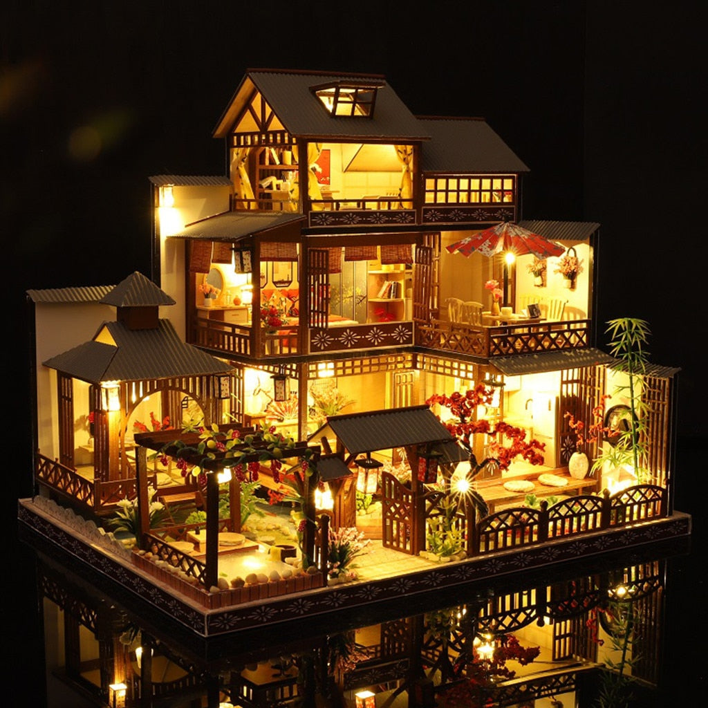 Large LED Glowing Modern Wooden DIY Doll House– Zincera